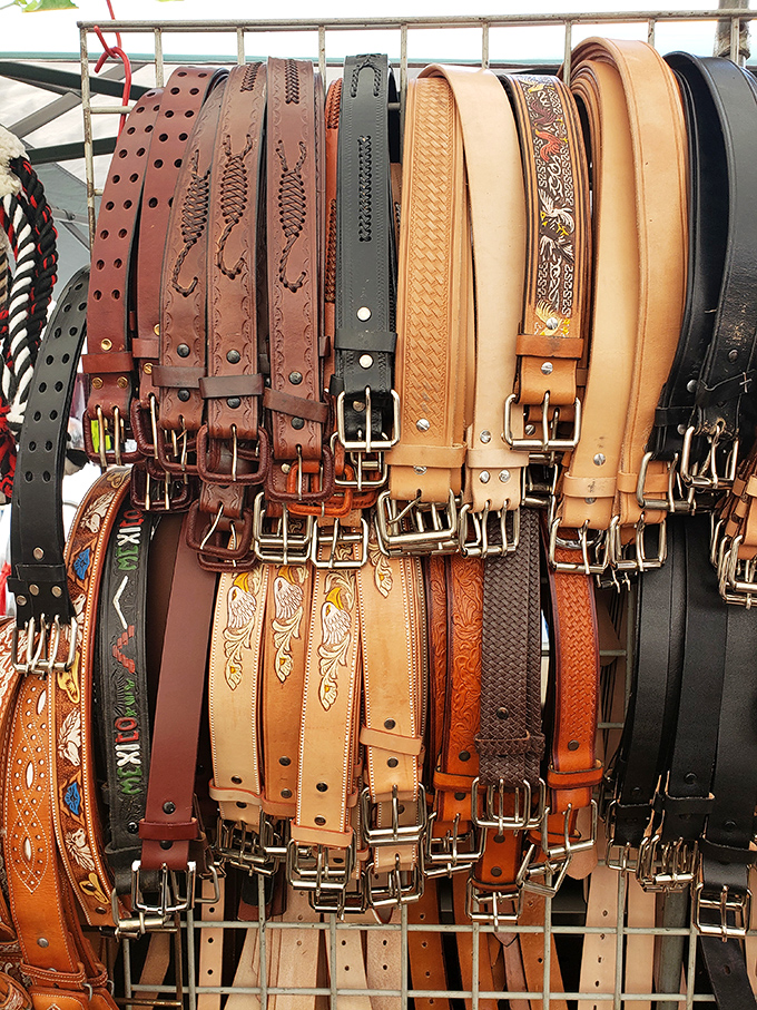 Leather belt paradise where every waist size and style sensibility finds its match. The perfect accessory for jeans that suddenly fit better.