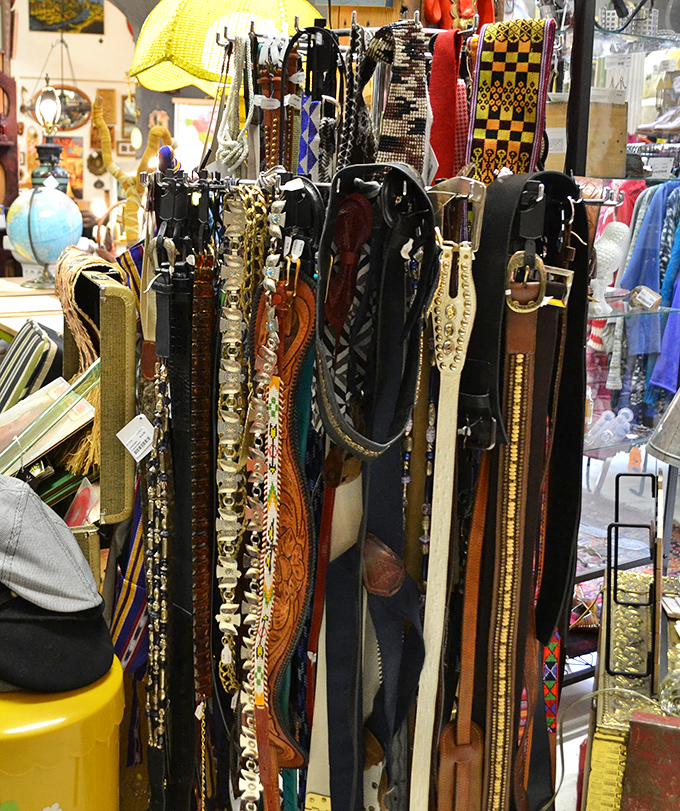 Belt display that would make any accessory enthusiast buckle with excitement. From western leather to beaded beauties, waistlines rejoice!