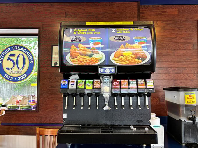 The soda fountain&mdash;loyal sidekick to fried delights since forever, offering bubbly relief between bites of battered perfection.