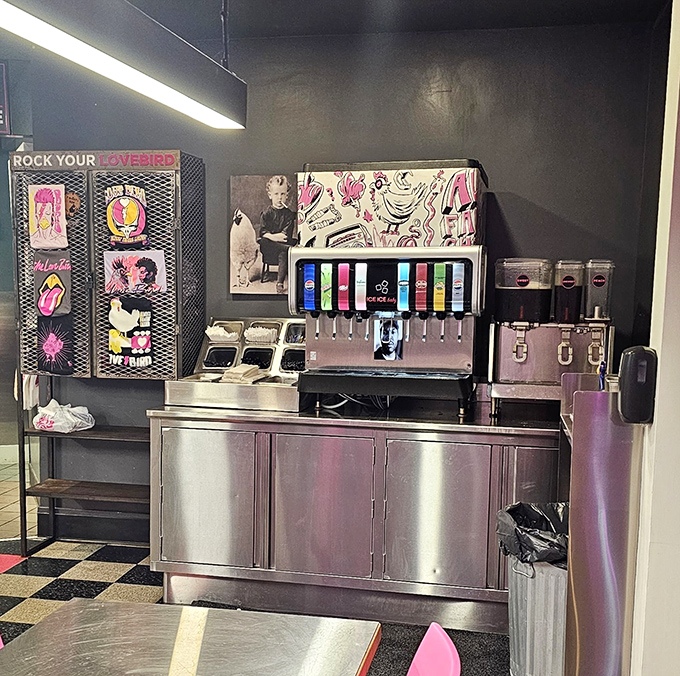 The beverage station looks like it was designed by someone who understands that great chicken demands equally thoughtful drink options.