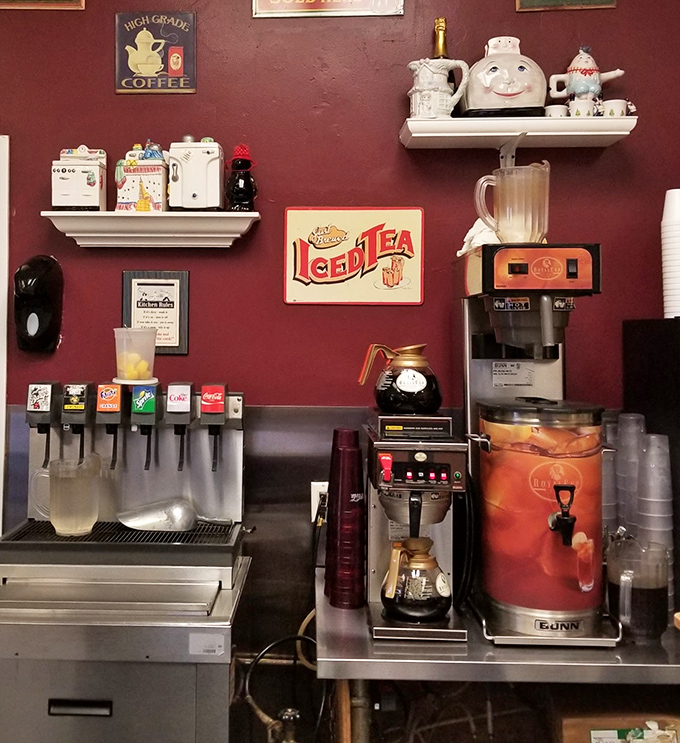 The beverage station, with its iced tea dispenser and coffee makers standing at attention, ready to hydrate hungry Floridians with the elixirs of morning life.