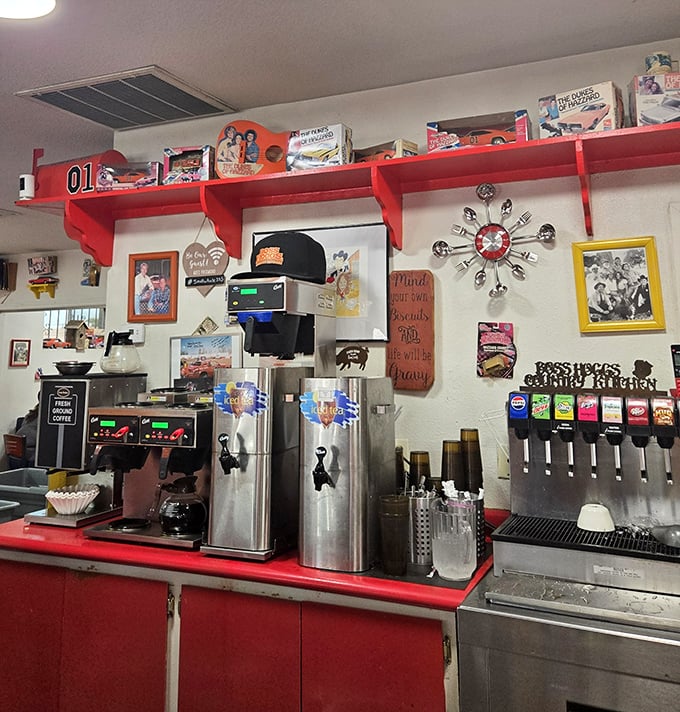 The beverage station, where coffee flows freely and a clock made of silverware reminds you that it's always time for comfort food.