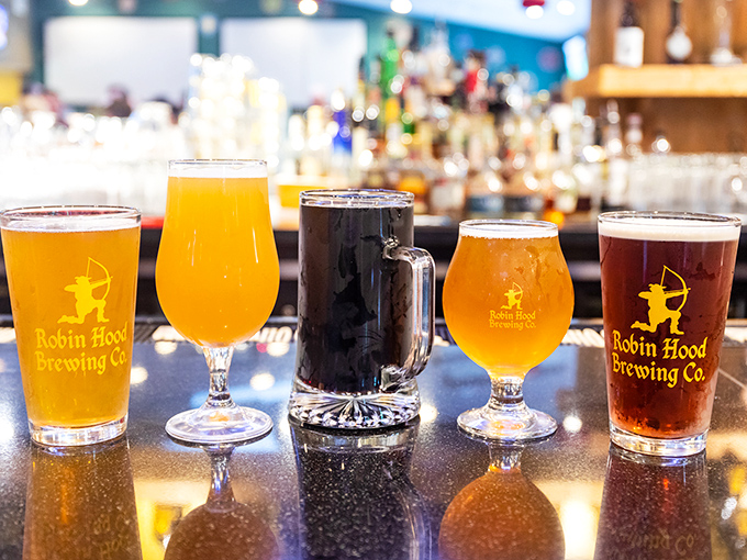 The liquid rainbow of Robin Hood's craft beer selection. From pale gold to midnight black, there's a brew for every mood and meal.