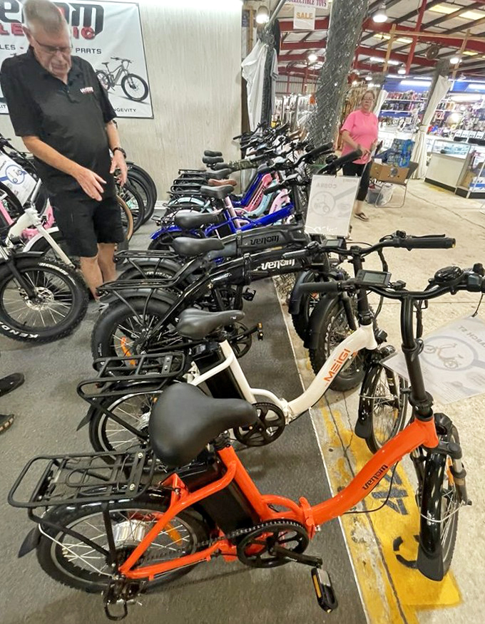 Electric bikes and cycles line this vendor's space, offering Florida seniors the perfect compromise between exercise and "let's be honest, it's hot out there."