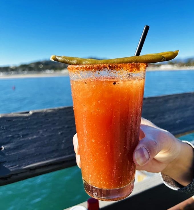 A Bloody Mary with a view that makes you forget what you were drinking. That garnish isn't just decoration&mdash;it's ambition.