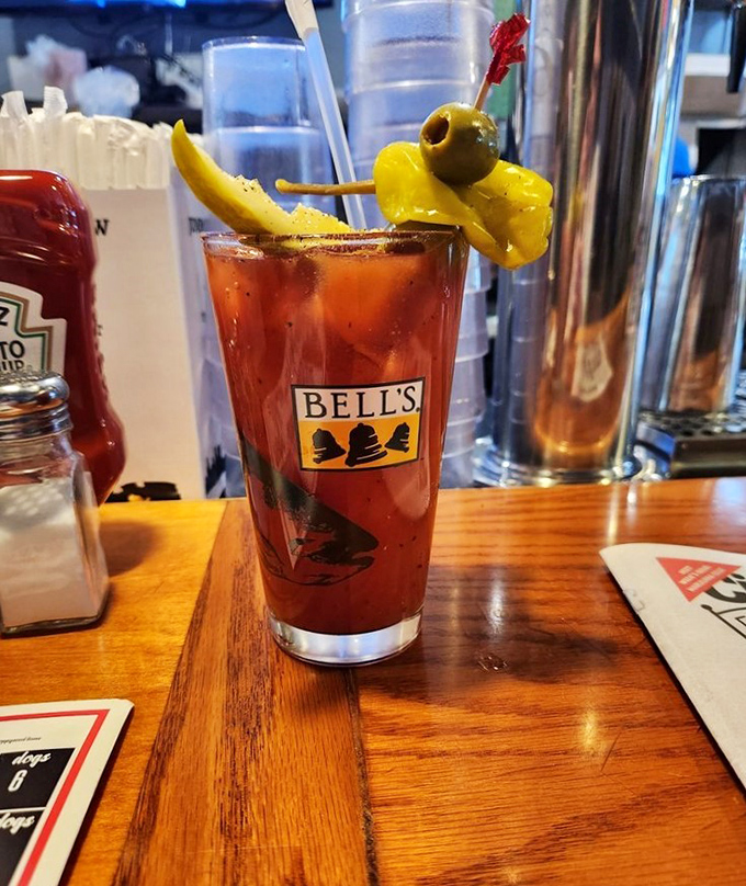 Their Bloody Mary comes dressed for success. That olive and pepper garnish isn't just decoration&mdash;it's a snack with a view.