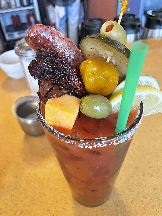 This Bloody Mary isn't just a drink&mdash;it's an entire appetizer course. That bacon strip isn't garnish&mdash;it's the exclamation point on a liquid brunch.