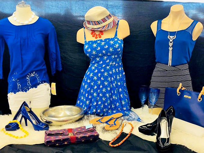 A carefully curated blue ensemble that screams "I found this at a thrift store" in the most sophisticated way possible.