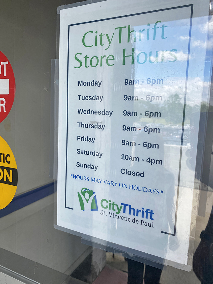 The hours of opportunity! This schedule reveals when you can embark on your thrifting adventures&mdash;plan accordingly, treasure seekers.