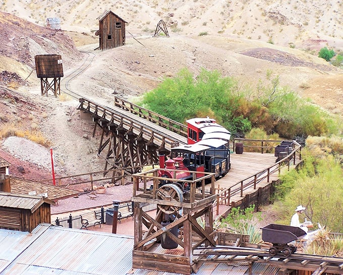 All aboard the Calico & Odessa Railroad! This narrow-gauge time machine offers views of the mining operations that once fueled California's silver dreams.