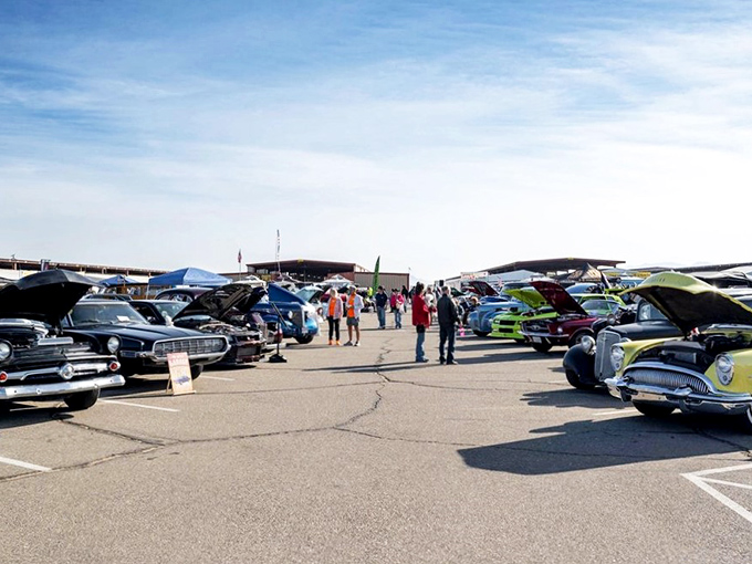 Classic car heaven under classic blue skies &ndash; where chrome gleams in the desert sun and stories of restoration projects flow as freely as engine oil.