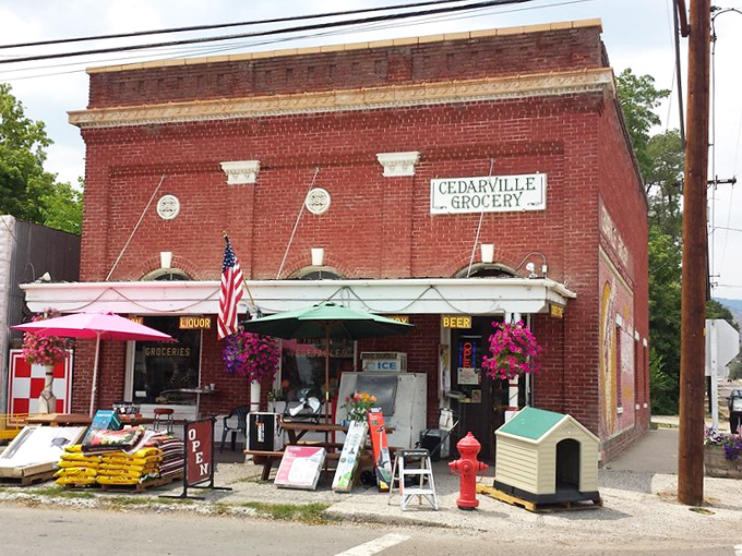 Cedarville Grocery's historic brick facade has witnessed generations of shoppers, from horse-and-buggy days to today's pickup trucks.