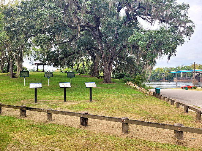 Historical markers tell Chattahoochee's story beneath ancient oaks, connecting visitors to indigenous heritage along the river that's witnessed it all.