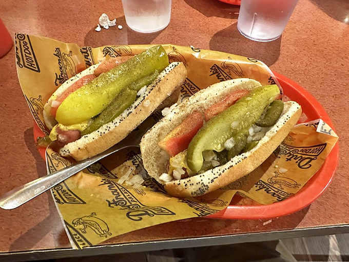 Chicago dogs done right: a Midwest handshake between two cities that speaks the international language of proper hot dog construction.