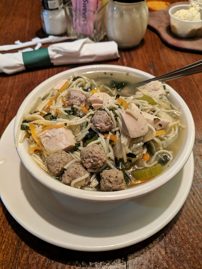 This soup is playing "Where's Waldo?" with its ingredients. Every spoonful is a treasure hunt of tender chicken, miniature meatballs, and perfectly cooked pasta.