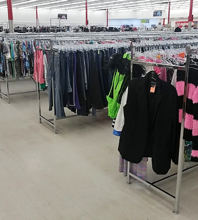 Fashion racks organized by type and size&mdash;a rarity in thrift stores. That neon green jacket is either fashion-forward or delightfully retro.