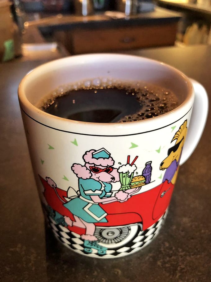 Even the coffee mugs have personality at Grumpy's, serving up nostalgia alongside your morning caffeine fix.