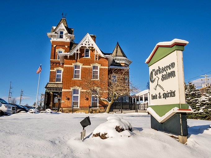 The Corkscrew Saloon's Victorian architecture suggests your dinner comes with a side of history. Winter can't diminish this restaurant's curb appeal.