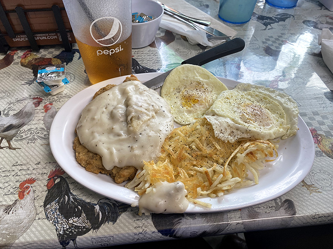 Country fried steak that looks like it could bench press your expectations and win.