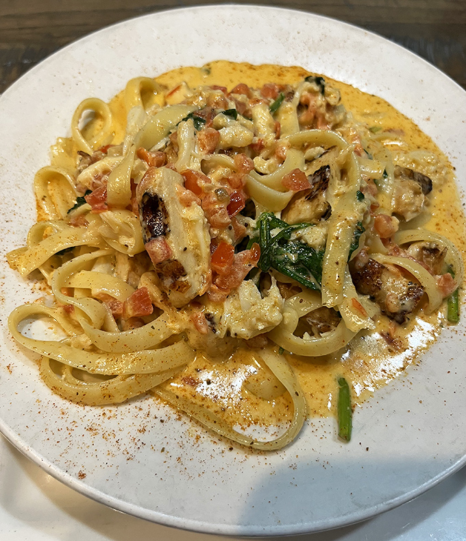 Fettuccine swimming in creamy tomato sauce with enough garlic to keep vampires at bay for a century.