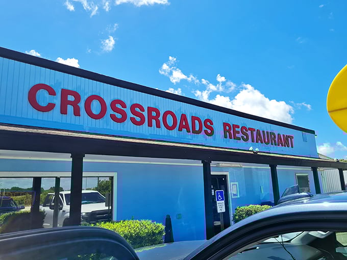 Crossroads Restaurant's bold blue exterior announces itself like a friend who always picks up the check.