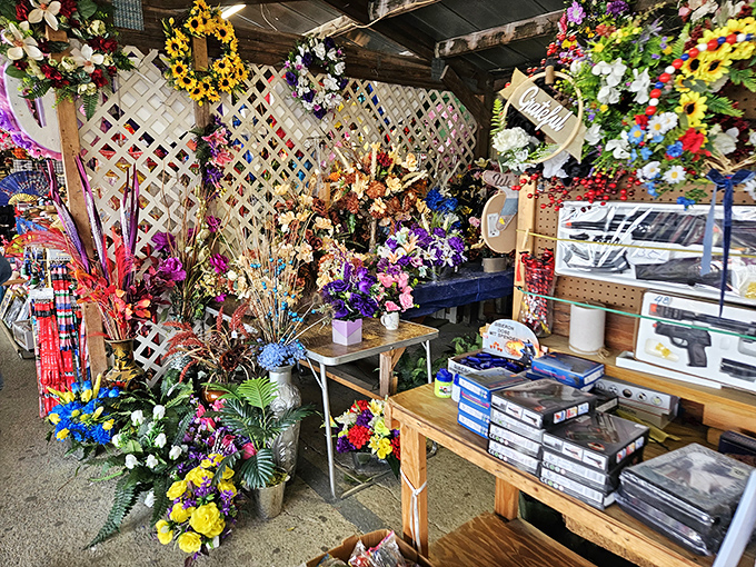 Artificial blooms create a perpetual spring in this corner of the market, where silk flowers never wilt and seasonal decorations know no calendar.