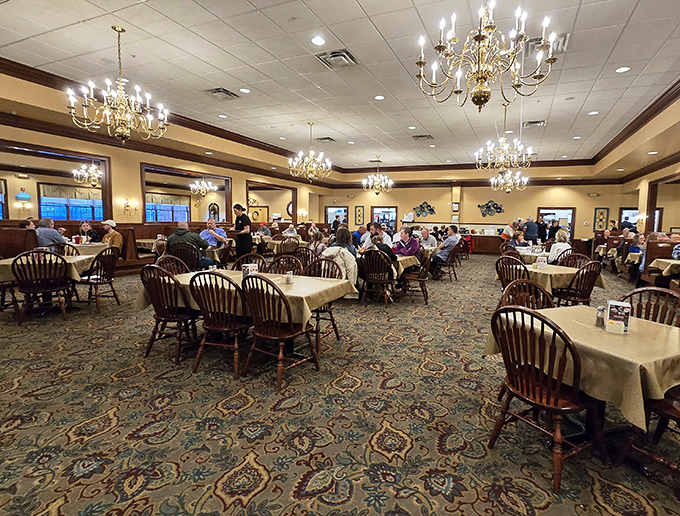 Chandeliers cast a warm glow over diners enjoying meals that taste like someone's grandmother is hiding in the kitchen.