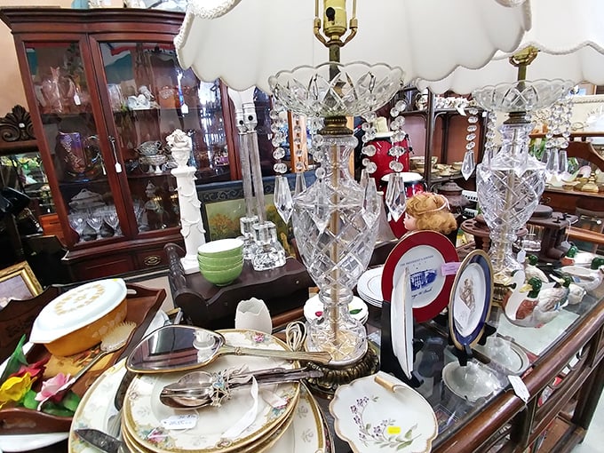 Crystal and china coexist in elegant chaos. These serving pieces have witnessed countless holiday meals and special occasions across the decades.