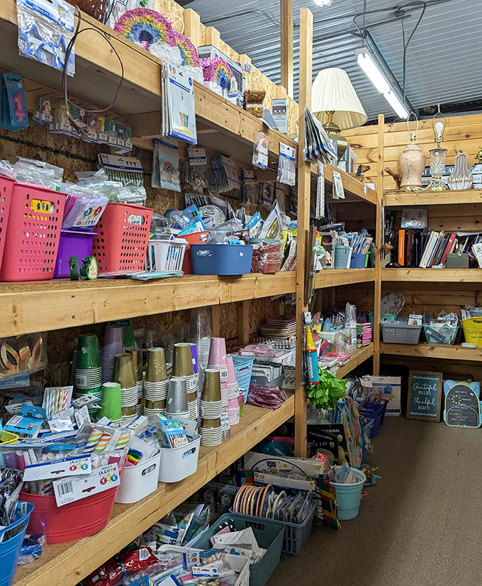 Office supplies, party goods, and craft materials organized with surprising precision. Creative possibilities stack up like the colorful containers themselves.