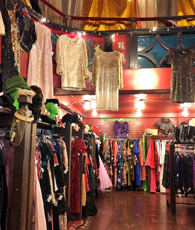 Sequins catch the light like disco balls in fabric form. This corner of glittering evening wear stands ready for your next grand entrance.