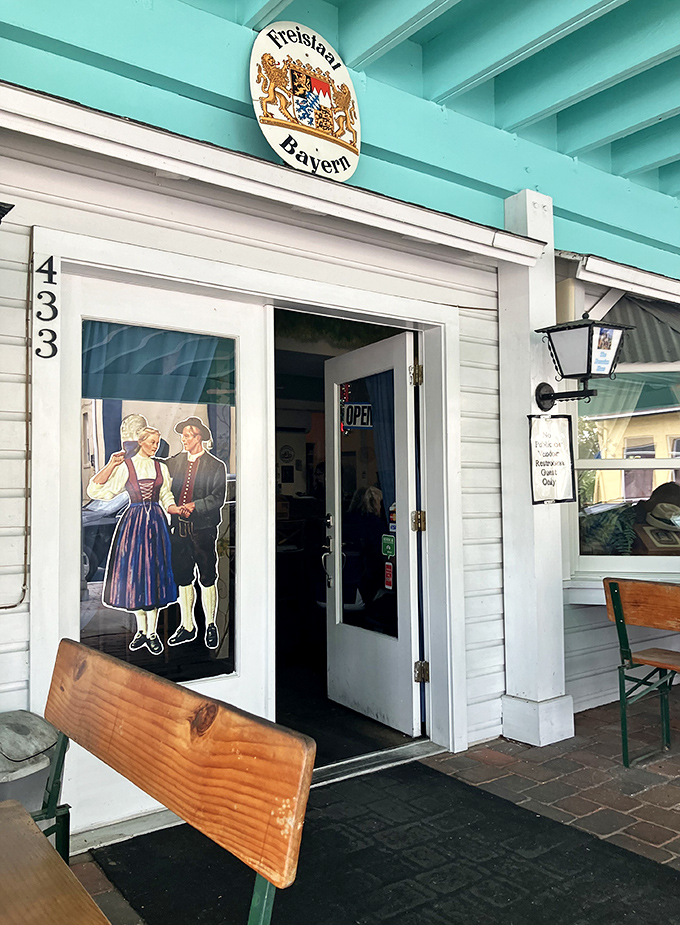 The entrance sets the tone immediately&mdash;traditional Bavarian couple welcoming you like old friends who've been expecting your visit. 