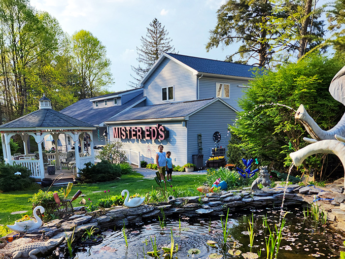 Gardens, gazebos, and elephant sculptures create a peaceful oasis. The perfect spot to enjoy your candy haul.