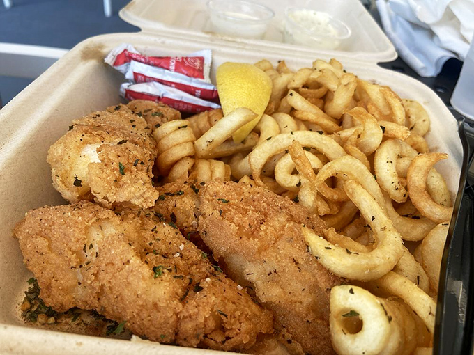 Golden-battered fish with curly fries &ndash; the kind of simple perfection that makes you wonder why you ever eat anything else.