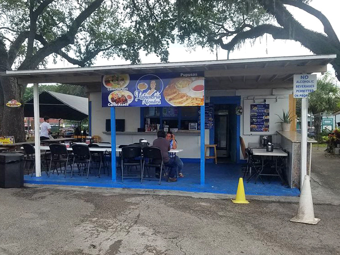 This blue-trimmed food stand promises pupusas and other Latin delights&mdash;the perfect refueling station for serious flea market warriors.