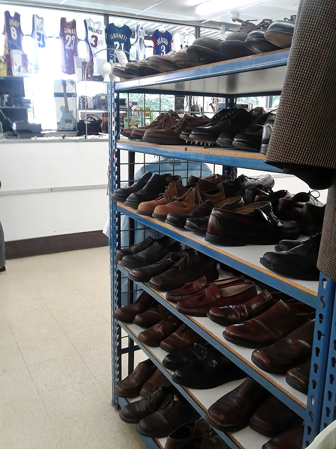 Leather shoes with character lines earned from previous adventures, polished and ready for their second act on someone else's feet.