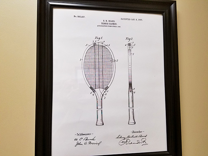 History meets artistry in this framed tennis racket patent&mdash;proving that even a thrift store can surprise you with unexpected moments of historical appreciation.