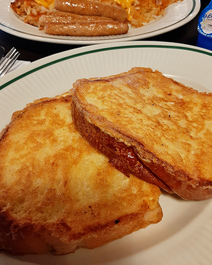 French toast that makes breakfast-for-dinner entirely reasonable. Golden, crisp edges giving way to custardy centers&mdash;comfort on a plate.
