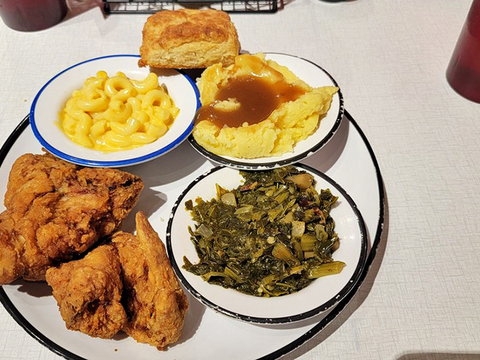 Southern fried chicken, mac and cheese, mashed potatoes, and greens&mdash;a plate that sings harmony better than a Nashville quartet on Saturday night. 