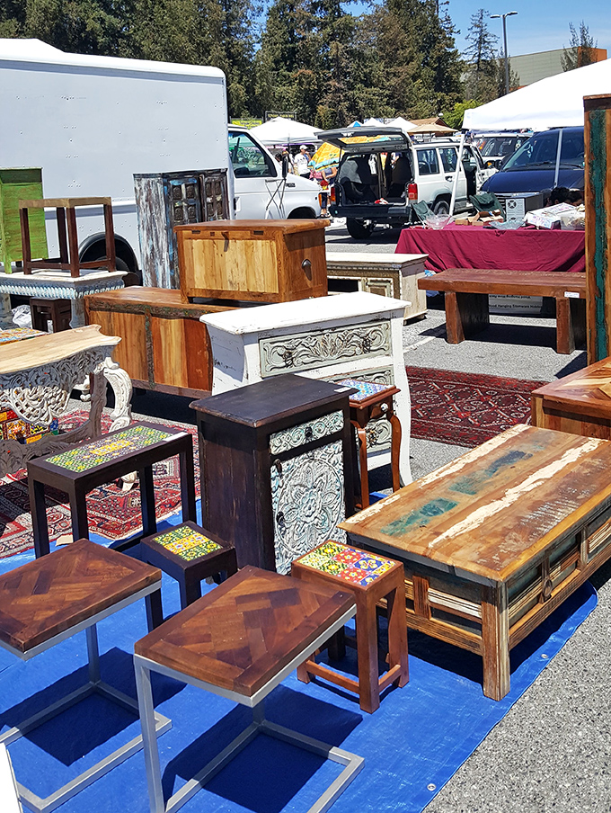 Solid wood furniture waits patiently for new homes, offering quality craftsmanship at flea market prices.