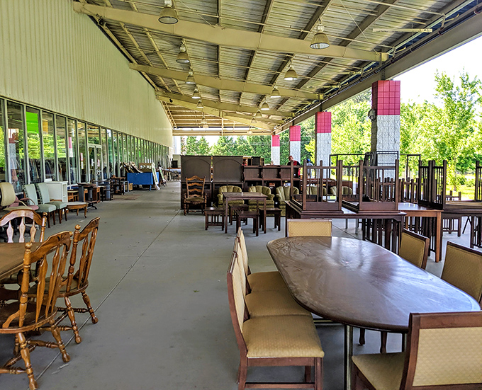Dining set dreamland where family dinners await. That solid wood table has survived decades of meals and is ready for yours.