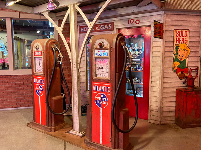 Vintage gas pumps recall an era when filling stations were social hubs and service came with a smile and clean windshield.