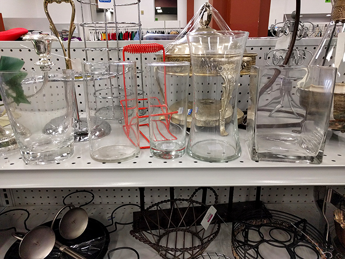 Crystal clarity in the glassware section. These vessels once held flowers, cocktails, or decorative marbles&mdash;now they await your creative repurposing.