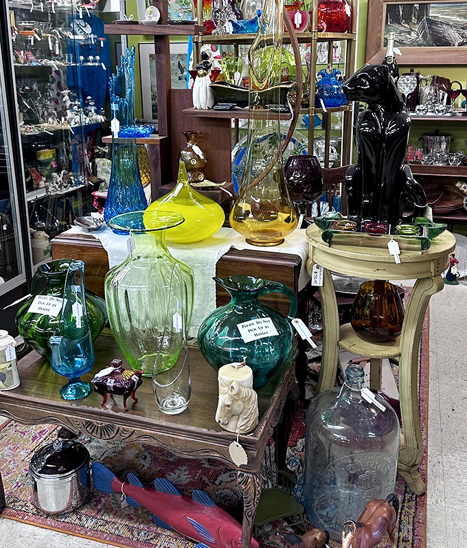 Glass vases in colors that nature forgot to patent &ndash; absolutely stunning in afternoon light.