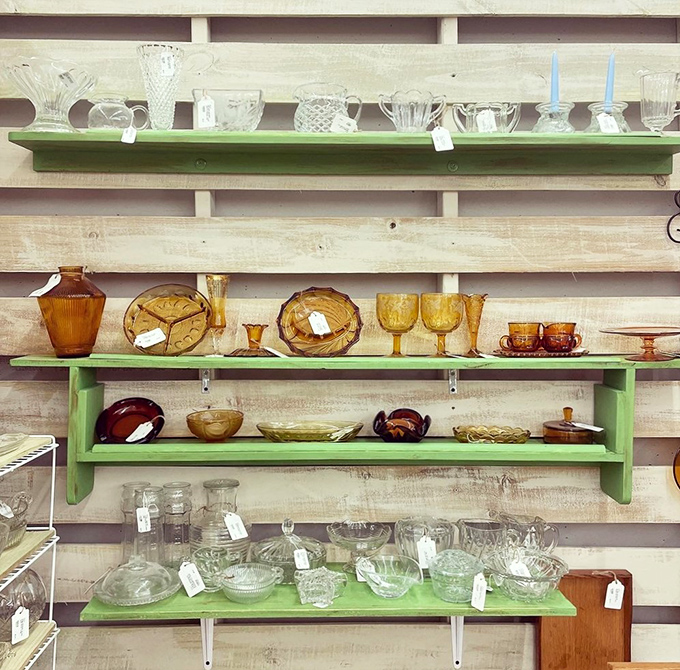 Amber depression glass catches light like liquid honey, while clear crystal stands ready to elevate your next dinner party from casual to heirloom-worthy.