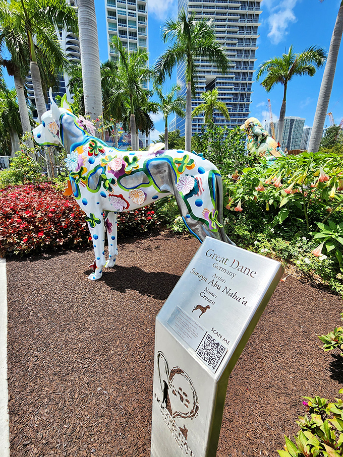 A great dane that stands as majestically as its namesake breed. The butterfly motifs suggest this gentle giant might just float away.