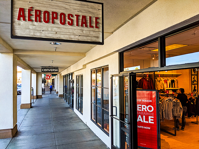 The covered walkways of Pismo Beach Outlets provide shade for serious shoppers and a moment of respite between bargain victories.
