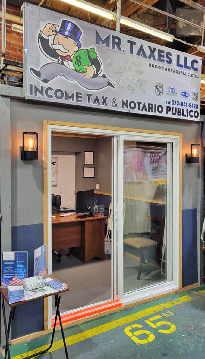 Even tax services get the swap meet treatment, proving you can literally find everything under one roof.