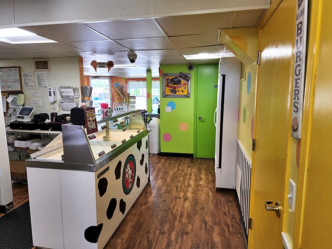 Cow-spotted counters and cheerful colors make the ice cream parlor section feel like you've stepped inside a children's book about happiness.