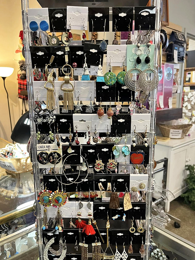 Jewelry displays that rival boutique presentations. Those turquoise earrings would cost triple at a downtown shop but tell the same style story.