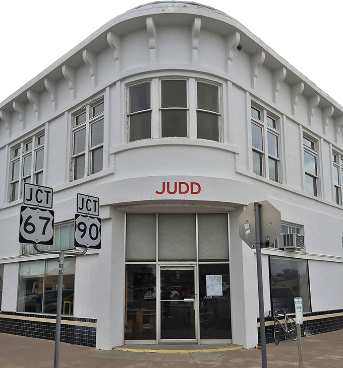 The Judd Foundation building stands at the crossroads of Highways 67 and 90&mdash;much like Marfa itself.